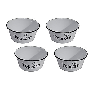 White Enamel Popcorn Bowl with Black Lettering, Set of Four