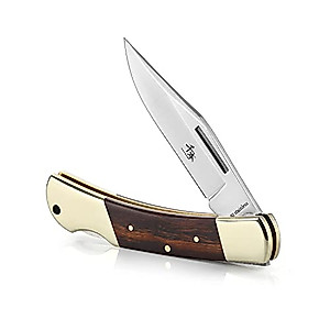 SENBON folding lock back knife 3.3in 440a sharp outdoor knife sand iron wood copper handle with Leather Sheath