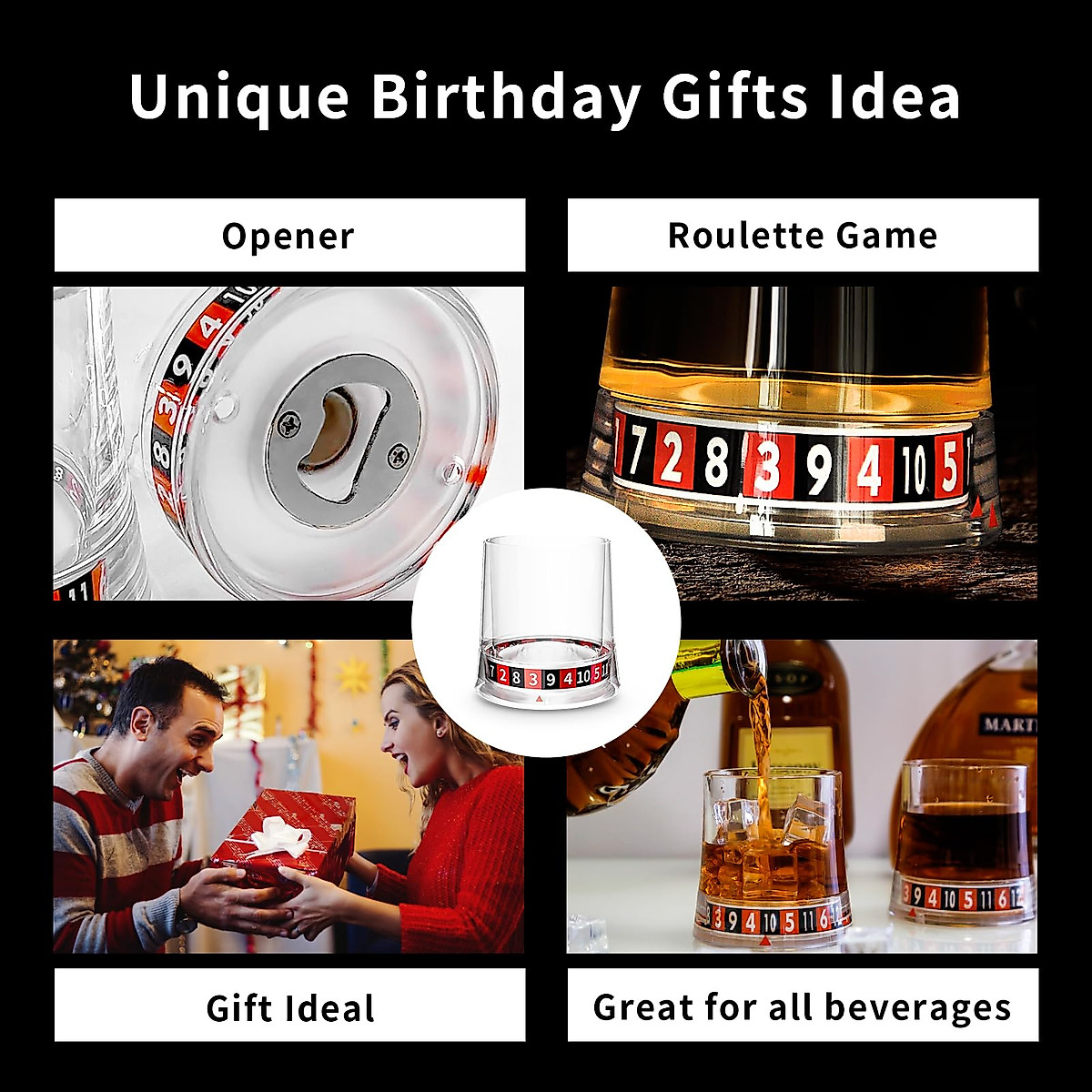 Acrylic Wine Glasses, 5 oz Clear Roulette Shot Spinning Whiskey Glasses, with Beer Bottle Opener, Plastic Reusable Drinking Glasses, Unique Gift for Men Husband Father (Q)