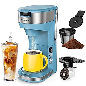 Hot and Iced Coffee Maker for K Cups and Ground Coffee, 4-5 Cups Coffee Maker and Single-serve Brewers, with 30Oz Removable Water Reservoir, 6 to 24Oz Cup Size, Pot and Tumbler Not Included, Blue