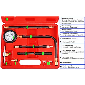 JIFETOR Fuel Injection Pump Pressure Tester Gauge Kit, Car Gasoline Gas Fuel Oil Injector Test Manometer Tool Set 0-100PSI, Universal for Auto Truck SUV Motorcycle ATV RV