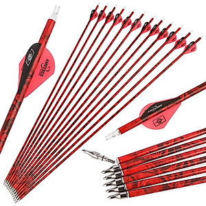 ZSHJGJR 30" Carbon Arrows Archery Hunting Arrows Spine 500 with Removable Tips Targeting Practice Arrows for Compound Recurve Bow (12, Red)
