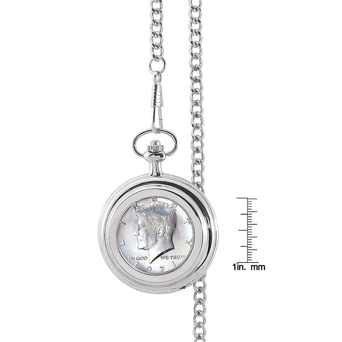 American Coin Treasures Coin Pocket Watch with Quartz Movement | JFK Half Dollar | Genuine U.S. Coin | Sweeping Second Hand, Roman Numerals | Silvertone Case | Certificate of Authenticity