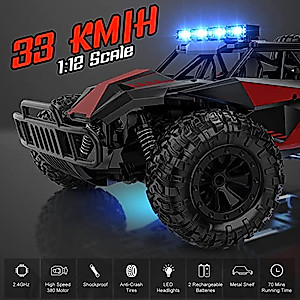 BLUEJAY Remote Control Car - 2.4GHz High Speed 33KM/H RC Cars Toys, 1:12 Monster RC Truck Off Road Hobby Toys with LED Headlight and Rechargeable Battery Gifts for Adults Boys 8-12 Kids