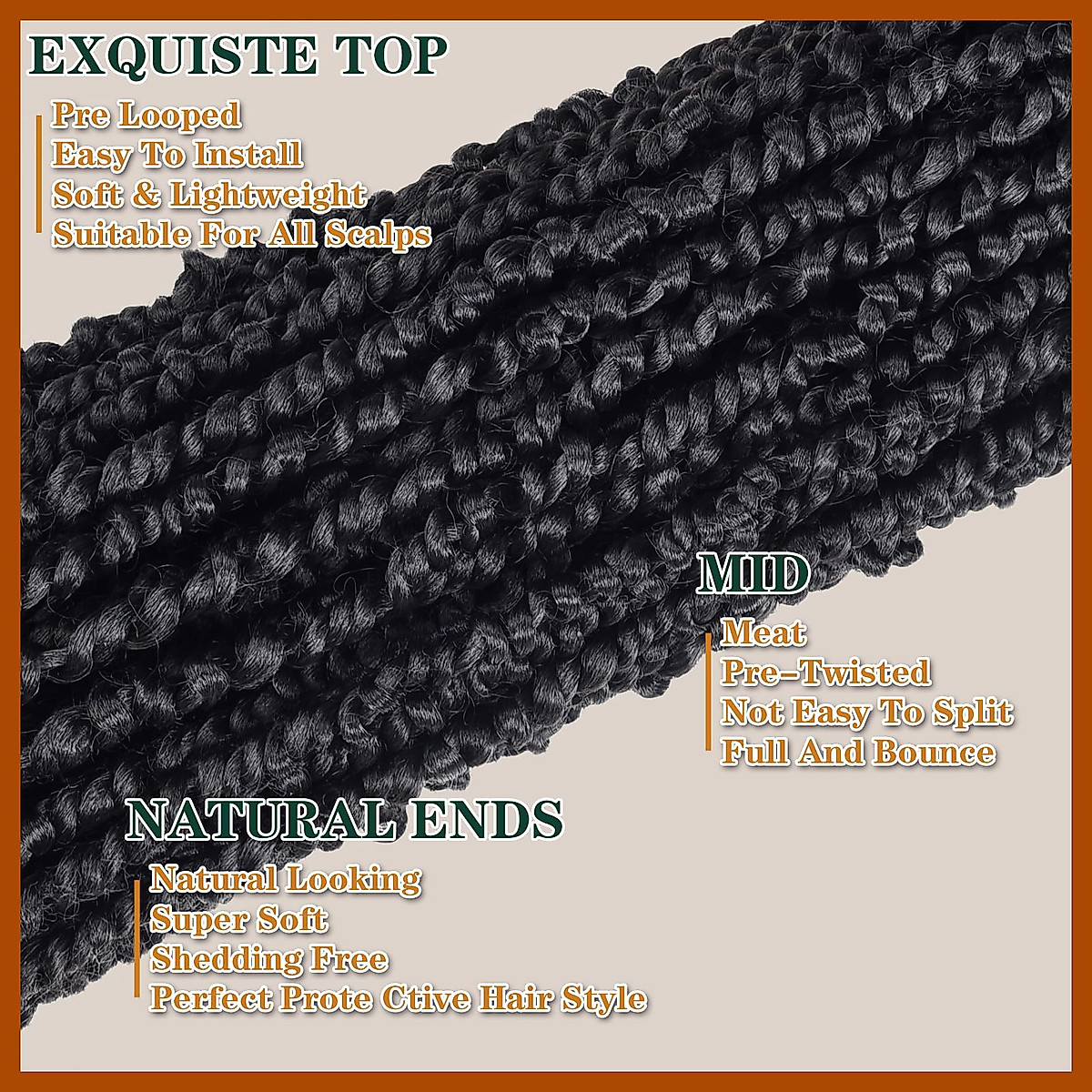 Silike Passion Twist Crochet Hair 18inch 6packs Pre-Twisted Synthetic Long Curly 12 Roots Braiding Hair Extensions For Women (18 inch, 1B)