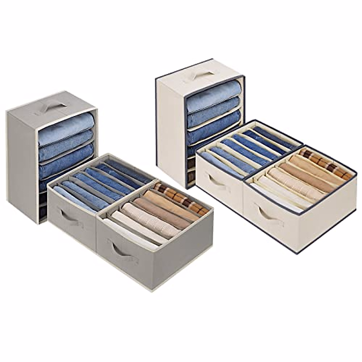 Baesyhom 6 Pcs Large Size Wardrobe Clothes Organizers 6 Grids for Pants, Jeans, Sweater, T-shirt, Thin Coat, Dress Stackable Closet Drawer Organizer Storage Bin with Sturdy Handles, Grey & Beige