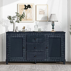 kevinplus 64'' Sideboard Buffet Storage Cabinet, Modern Vintage Retro Wooden Storage Cabinet with 3 Drawers and Adjustable Shelves for Kitchen Dining Loom Bedroom Hallway Entryway, Antique Black