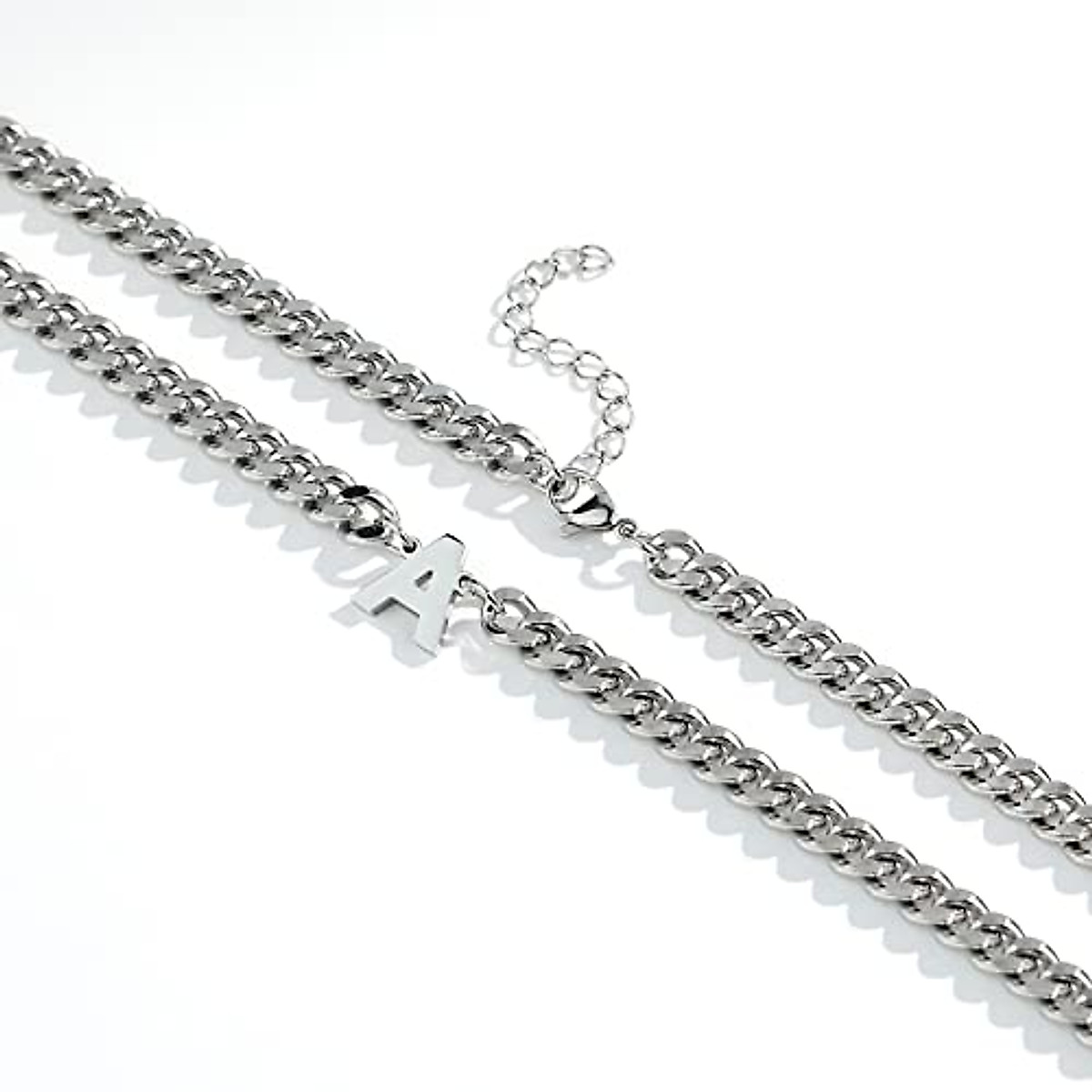 RUOOUY Initial A-Z Letter Necklace for Men Stainless Steel Cuban Link Chain 18+2 Inch Personalized Letter Charm Pendant Jewelry Gift for Boys Women（Silver-J）