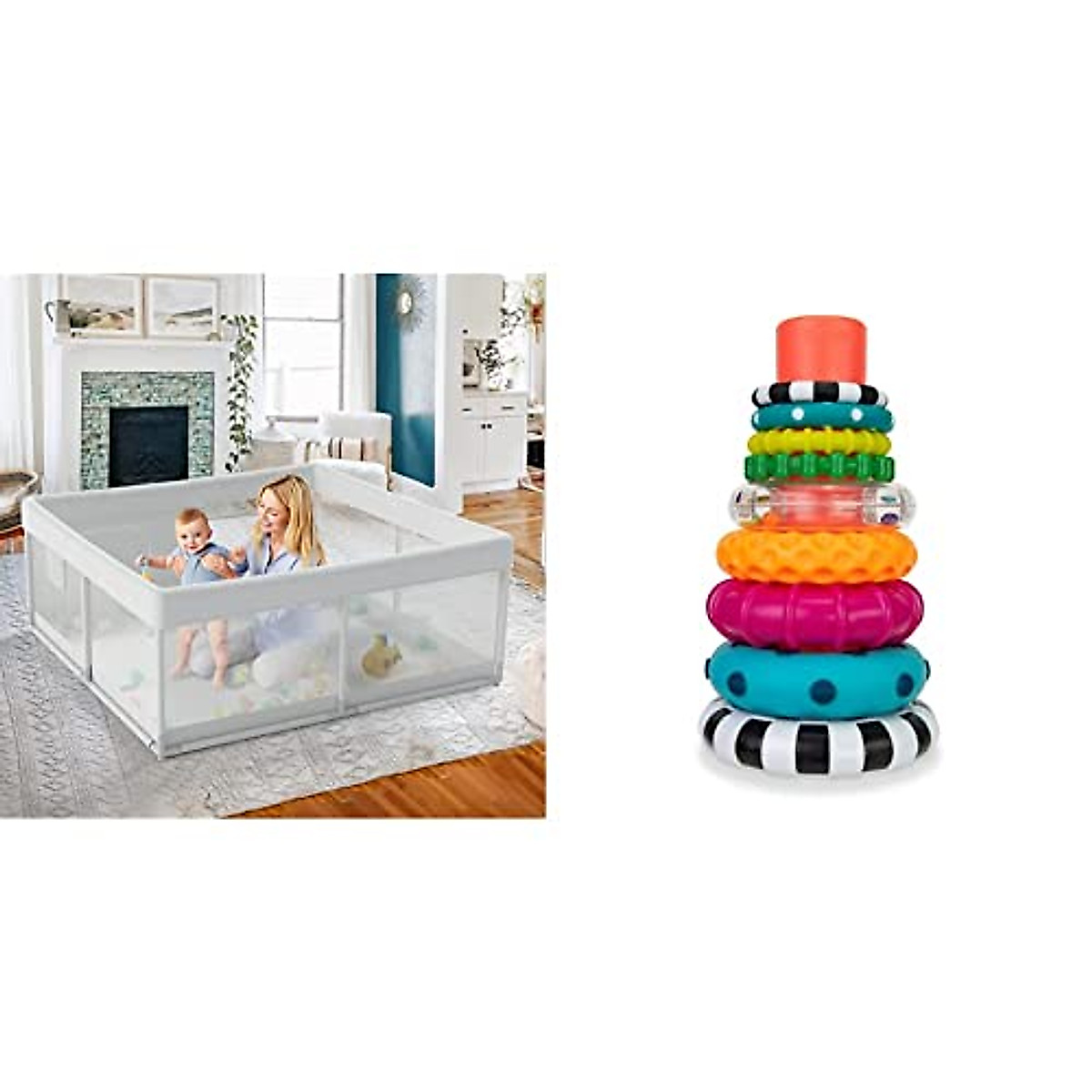 Fodoss Baby Playpen, Playpen for Babies and Toddlers, 47x47inch Small Baby Play Pen, Play Yard for Baby, Extra Large Baby Playard & Sassy Stacks of Circles Stacking Ring STEM Learning Toy