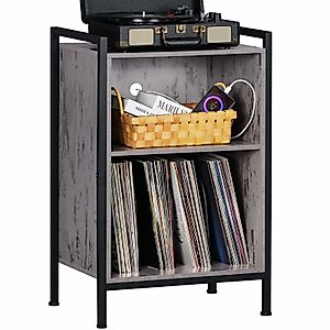 LELELINKY Turntable Stand, 3-Tier Record Player Stand, Vinyl Record Storage Cabinet with Metal Frame Holds Up to 180 Albums, Grey Record Table with Handle for Living Room, Bedroom, Office
