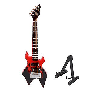 3.9in Miniature Bass Model, Dollhouse Mini Musical Instrument Guitar Model With Stand and Case (10cm Red Pointed Electric Bass)