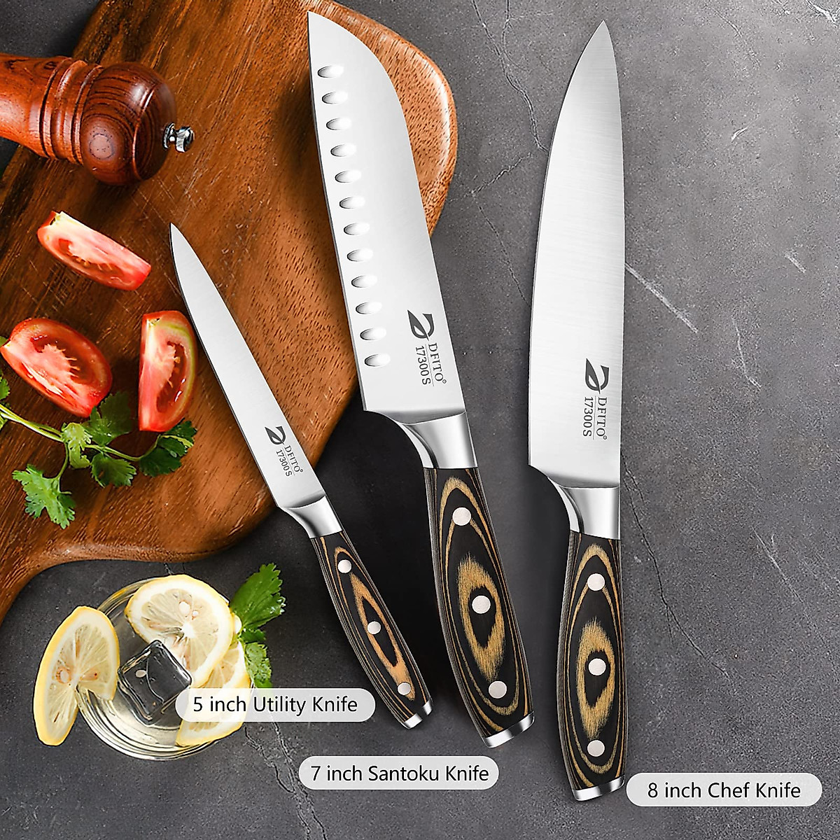 Dfito Kitchen Knife Set,High Carbon Stainless Steel Knife Set with Case for Kitchen,3 PCS Professional Ultra Sharp Knife Set includes 8'' Chef Knife, 7'' Santoku Knife and 5'' Utility Knife, Gift Box