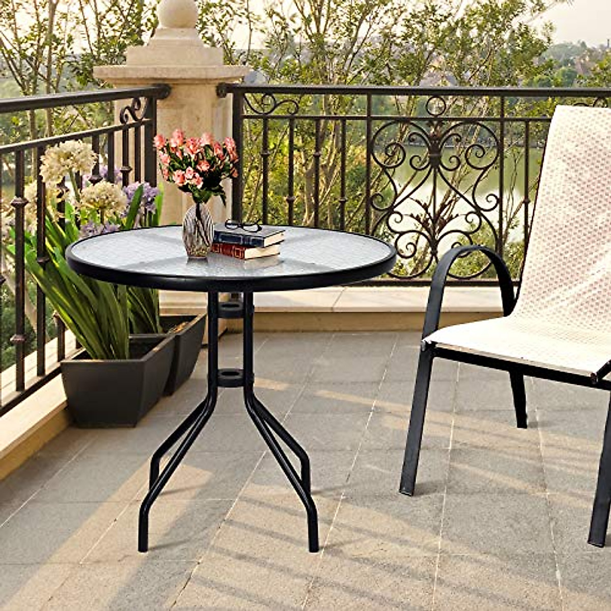 Goplus 32" Outdoor Round Patio Table with Umbrella Hole, All Weather Dining Table Tempered Glass Top, Bistro Table Coffee Table Furniture Commercial Party Event for Backyard Lawn Balcony Pool