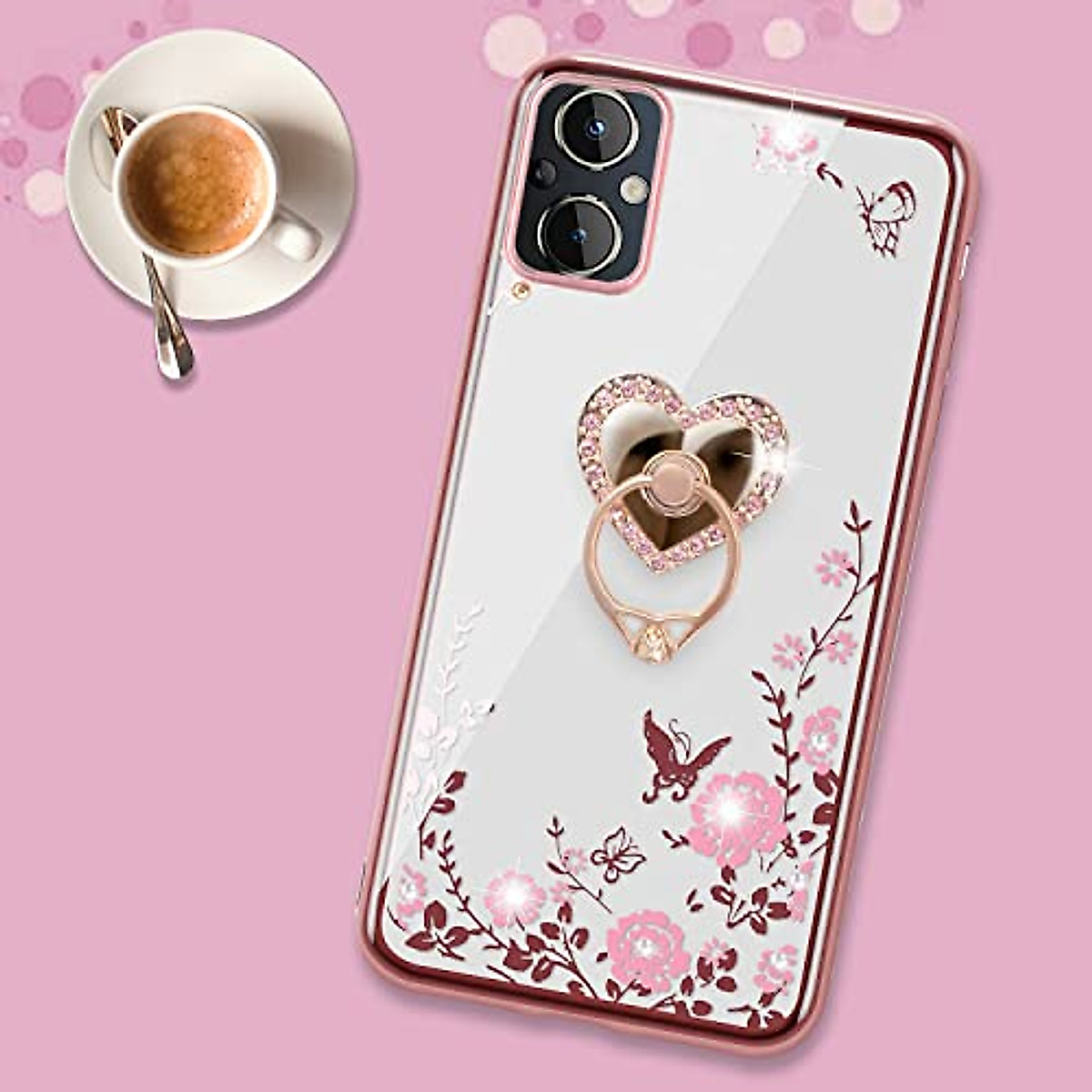 B-wishy OnePlus Nord N20 5G Glitter Case - Slim TPU Luxury Butterfly Floral Design, Kickstand, Strap (Rose Gold)