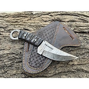 TAC Knives - Bushcraft Survival Knife12T27 Damascus Steel Fixed Blade outdoor Knife- Pakka Wood Handle - Pancake Leather Sheath - Traditional Field Knife for Camping Knife, Fishing, Hunting Knife, Men & Women - EDC Knife to Carry on Belt- (BLACK)
