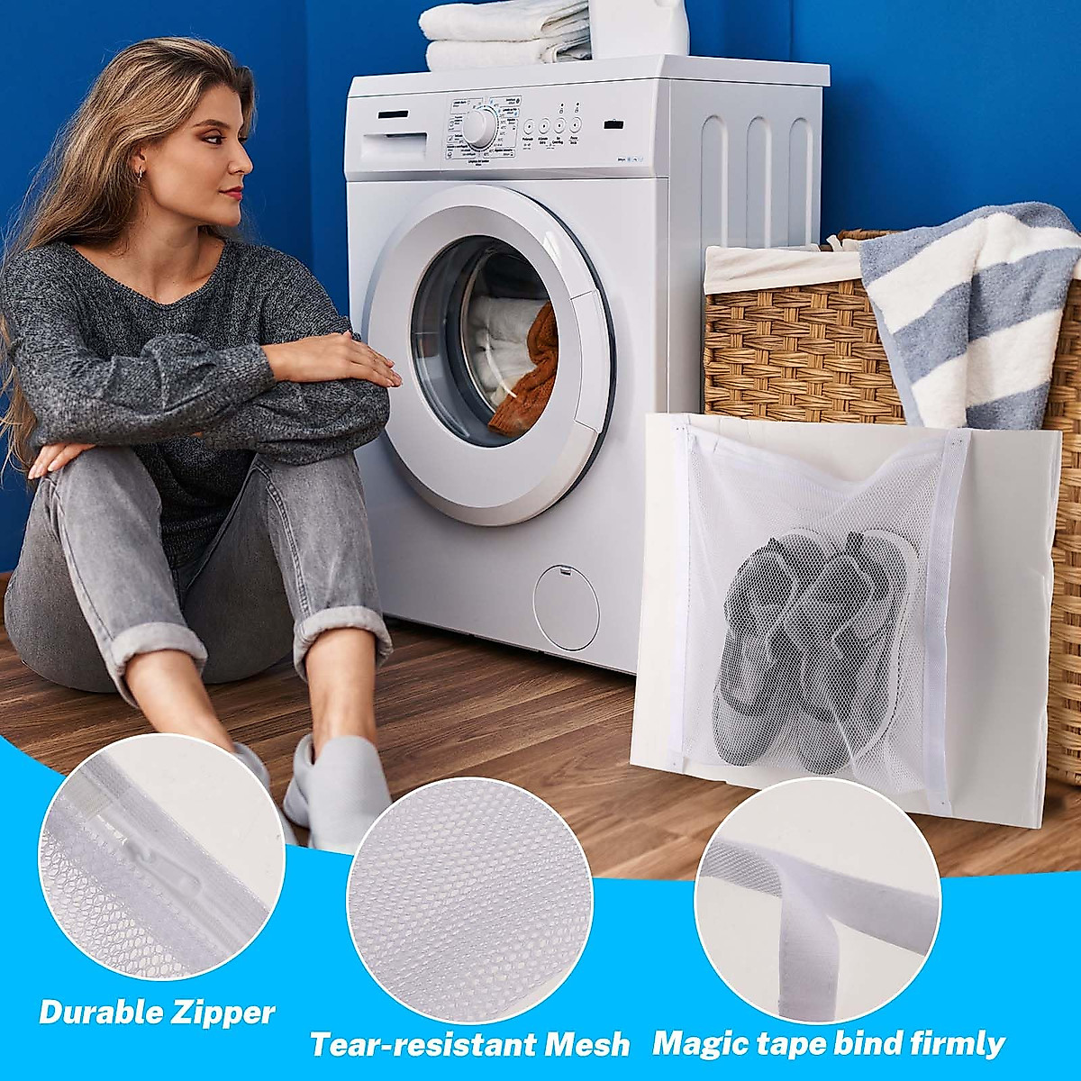 2 PCS Sneaker Wash & Dry Net Bag for Dryer, 15.7x15.7 Inch Large Laundry Net Mesh Wash Washing Bag with Zipper and Strap, Shoe Dryer Rack Inside Dryer for Clothing, Lingerie, Laundry Reused Bag Tool