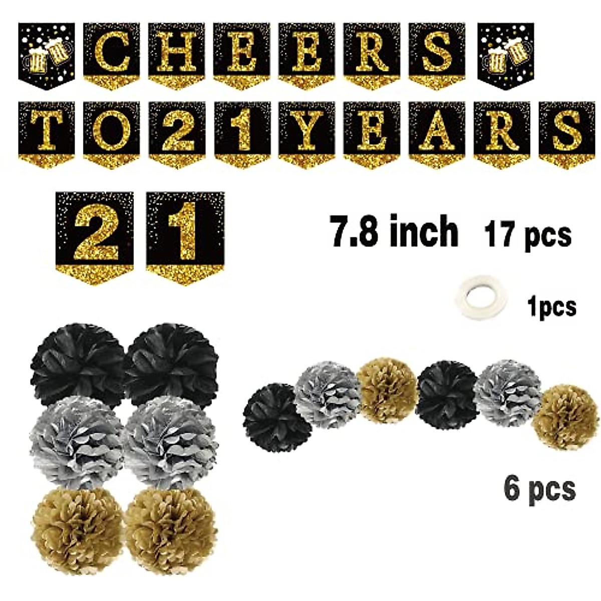 21st Birthday Decorations for him - (21pack) Cheers to 21 Years Black Gold Glitter Banner for him her, 6 Paper Poms, 6 Hanging Swirl, 7 Decorations Stickers. 21 Years Old Party Supplies Gifts for him