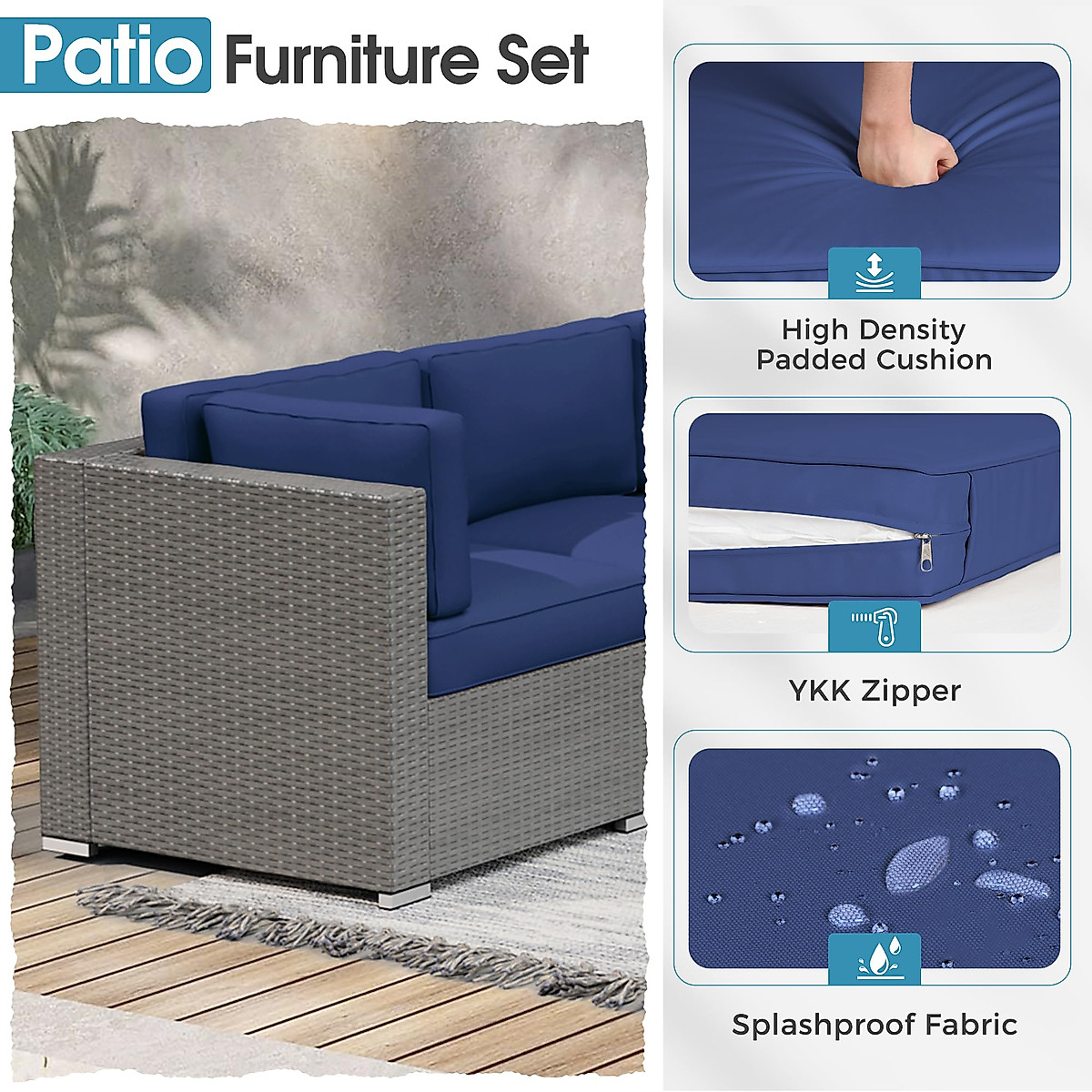 Crownland 7-Pieces Outdoor Patio Furniture Sets, All-Weather Grey Wicker Rattan Sectional Sofa, Modern Glass Coffee Table and Washable Seat Cushion with YKK Zipper (Dark Blue)