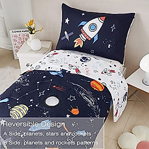 PERFEMET 4 Pcs Toddler Bedding Dark Blue Outer Space Printed Toddler Bed Set with Kids Sheets Reversible Planet Rocket Pattern Bed in a Bag(Dark Blue, Planet/Rocket)