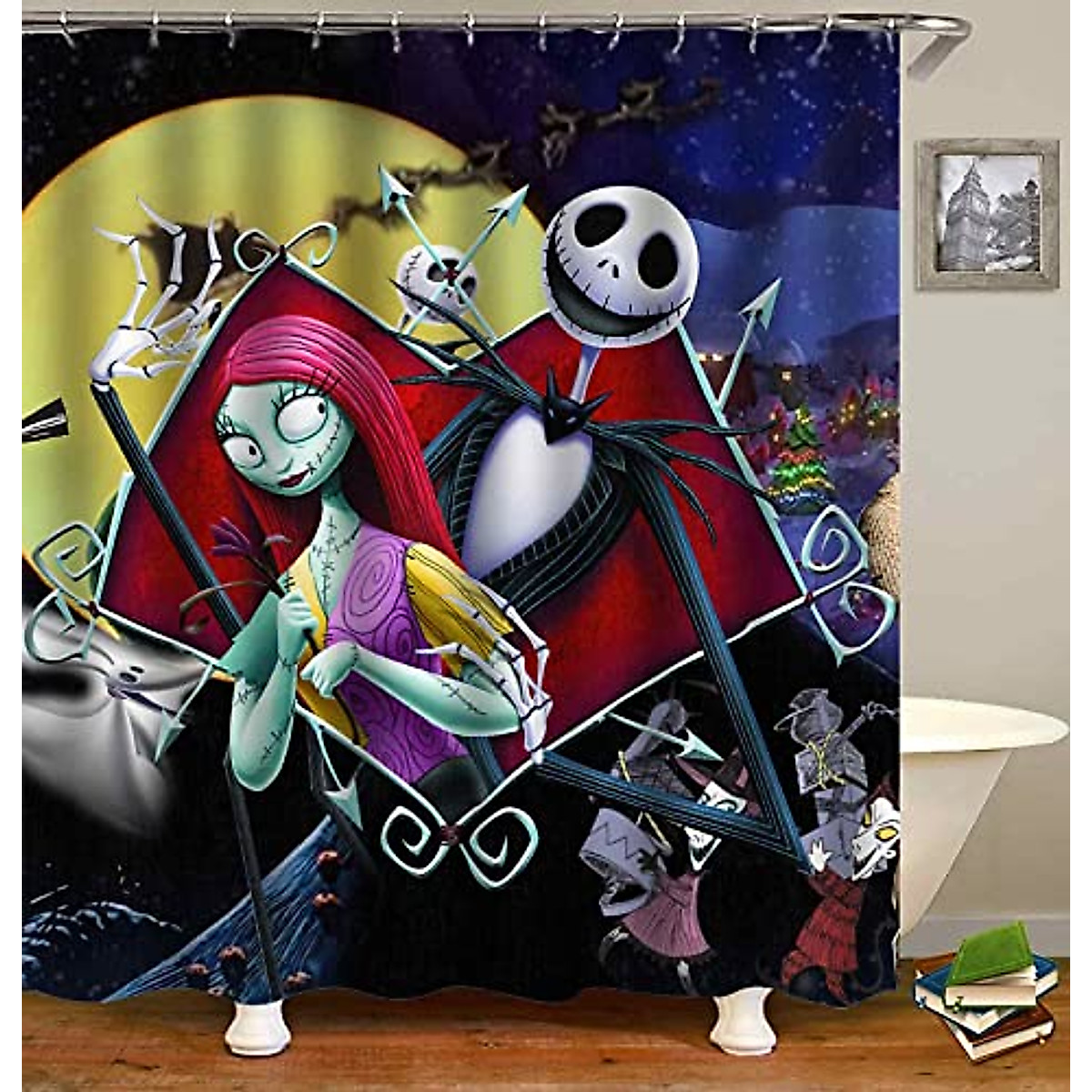 LAYINUSG 4Pcs Nightmare Before Christmas Shower Curtain Set with Non-Slip Rugs, Toilet Lid Cover and Bath Mat, Halloween Xmas Winter Holiday Bathroom Decor Sets with 12 Hooks 72 x 72 Inches