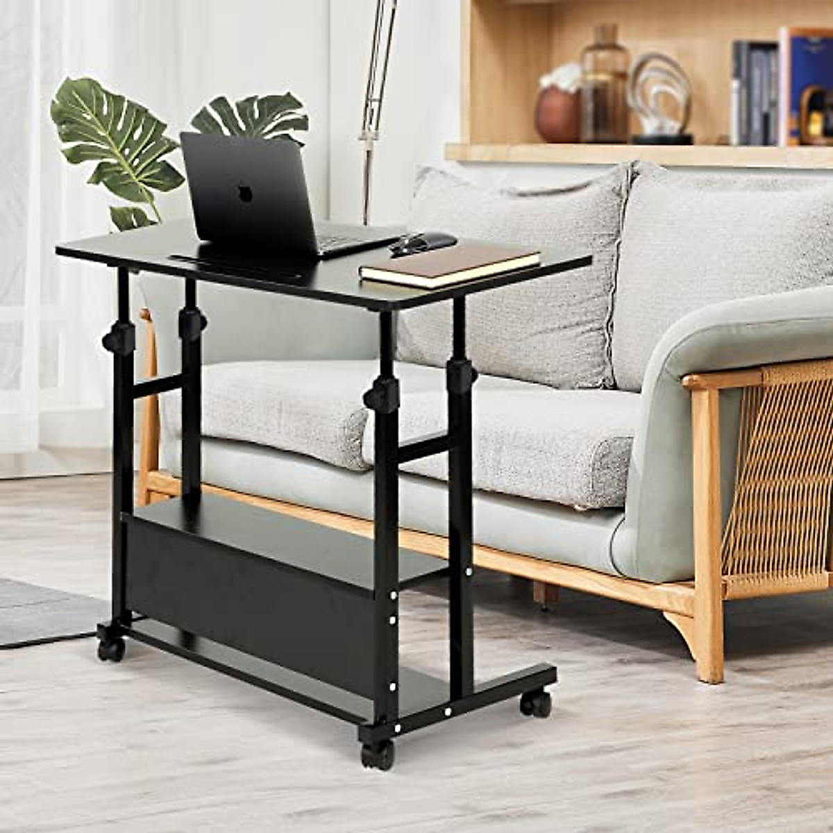 Home Office Desks Standing Adjustable Height Small Laptop Desk with Storage for Small Spaces Computer Table for Couch Bedrooms Mobile Rolling Portable Student Desk on Wheels Modern Uplift Black Desk