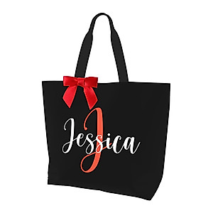Personalized Initial Tote Bag, Custom Name Letter Monogrammed Tote Gift Hand Bags with Bow Tie Present for Women Bridesmaids Teachers