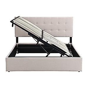 Contemporary Linen Upholstered Platform Bed Mattress Foundation w/Button Tufted Headboard&Slats for Adult,Low Panel Bedframe w/Gas Lift up Storage Space&Wooden Slats,No Box Spring Needed (Beige,Queen)