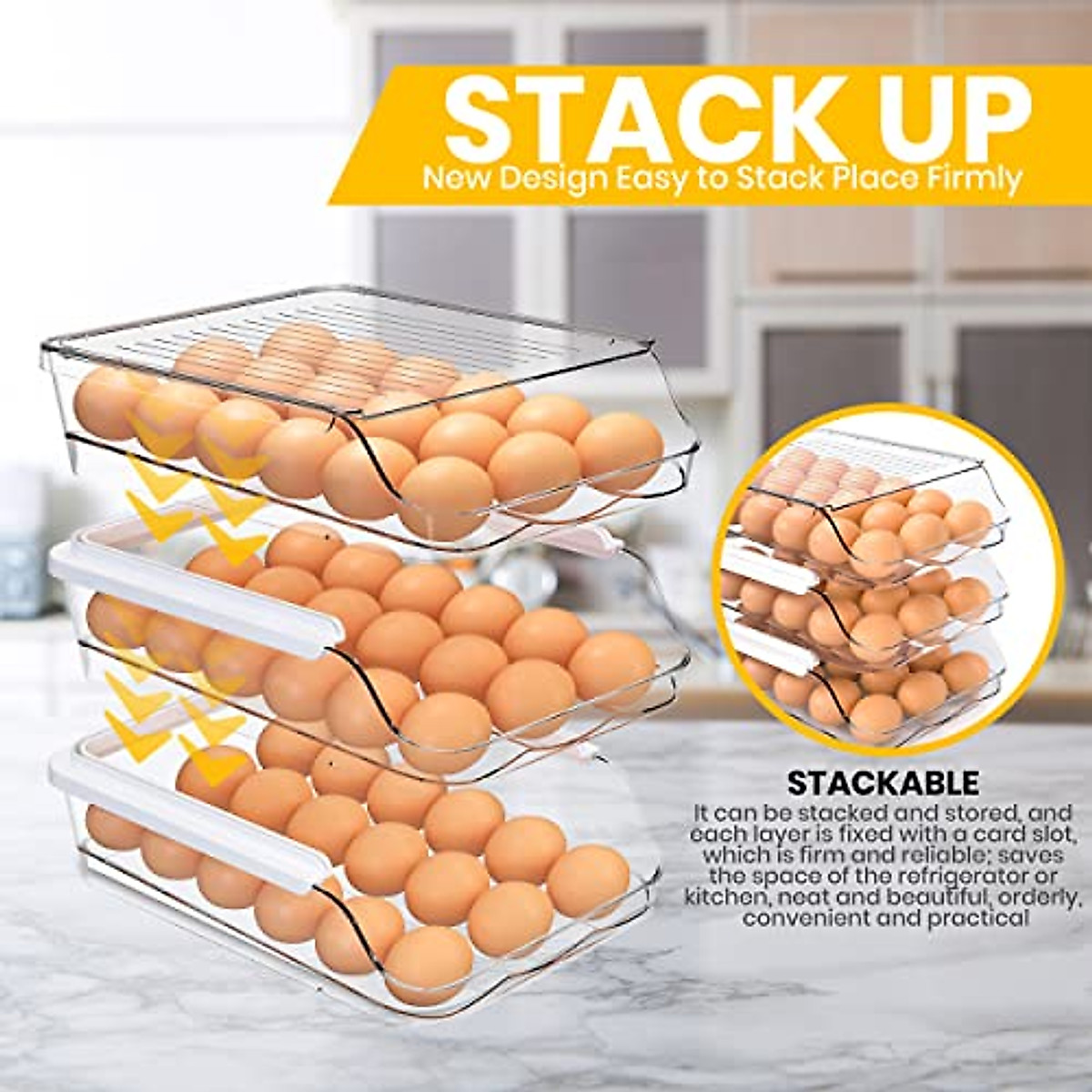Utopia Kitchen Rolling Egg Container for Refrigerator with Lid - Pack of 2 Stackable Plastic Egg Holder for Refrigerator - Terrazo Egg Tray for Refrigerator or Fridge Organizer