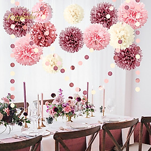 NICROLANDEE 15PCS Dusty Rose Blush Pink Tissue Pom Poms Flowers for Wedding, Bridal Shower, Sweet Birthday, Baby Shower, Engagement, Bachelorettes, Valentine Pink Party Decorations Paper Garland