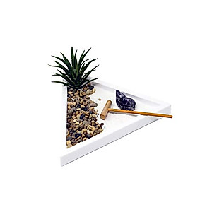 Nature's Mark Mini Zen Garden Kit for Desk with Rake, White Sand, White Triangle Base, Crystal Rock, Mini River Rocks and Air Plant, (7Lx6W Triangle W)