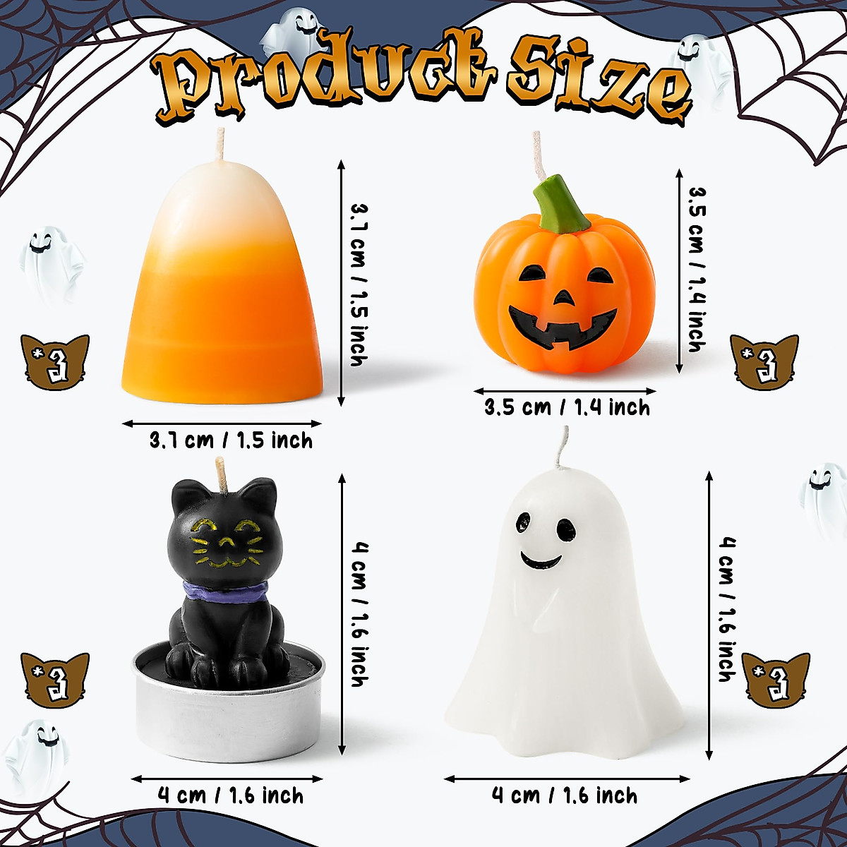 CNhoqc 12pcs Halloween Candy Corn Pumpkin Black Cat Ghost Mini Candles, Scented Halloween Tealight Candles Tabletop Decor, Cute Wax Pumpkin Face Mini Candle for Fall Halloween Party Supplies