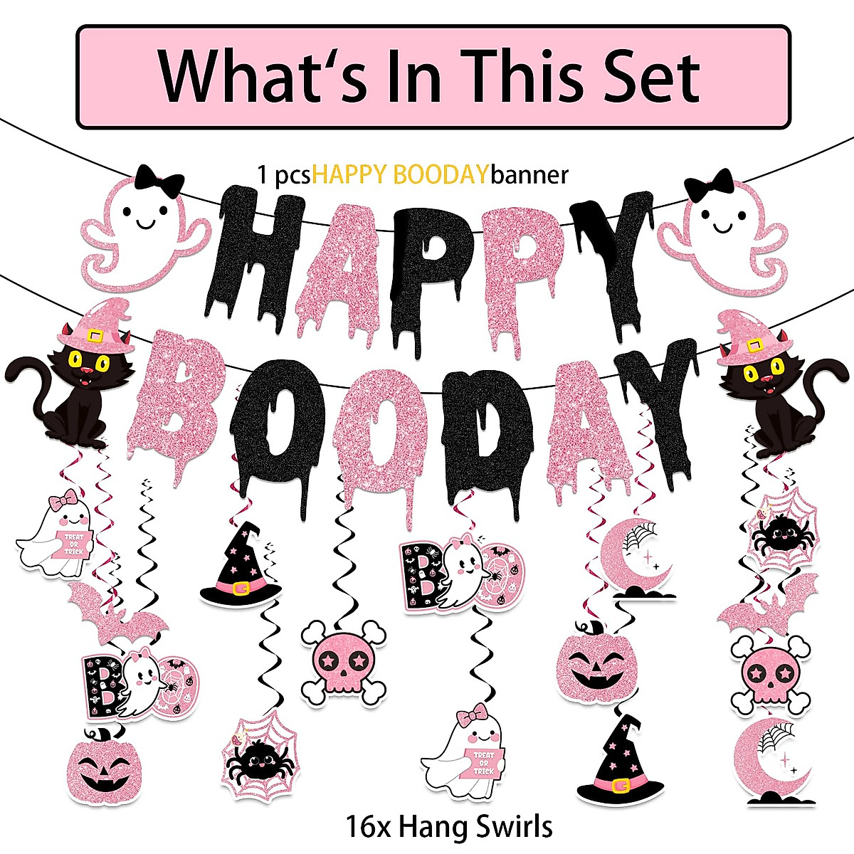 Pink Halloween Party Decorations, Halloween Birthday Party Decorations Includes Happy Boo Day Banner and Halloween Hanging Swirls, Pink Halloween Party Decor for Halloween Outdoor Indoor Supplies