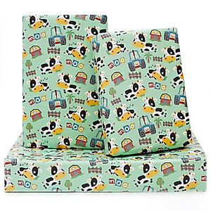 NEPOG Farm Cow Wrapping Paper for Boys Girls Kids, Cute Cow Farmhouse Tractor Farm Theme Design Green Birthday Paper 6 Sheets Folded Flat 20x28 inches per Sheet for Birthday Party Baby Shower