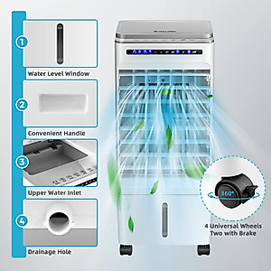 GOFLAME Evaporative Air Cooler Portable, 3-IN-1 Air Cooling Fan with Remote Control and 4 Ice Packs, Air Humidifier with 3 Modes, 3 Speeds and 7H Timer, Bladeless Cooling Fan for Home & Office