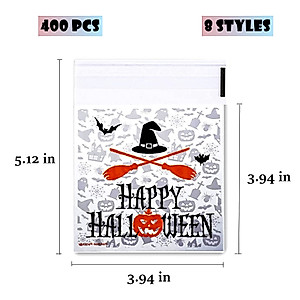 NB 400 Pcs Halloween Candy Bags, Self Adhesive Trick or Treat Cookie Bags for Party Gift Supplies, Cellophane Halloween Goodie Bags (12 oz,8 Styles)