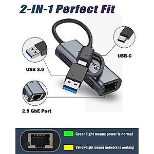 Wavlink USB C to Ethernet Adapter 2.5 Gbps, 2-in-1 USB to 2.5G Ethernet Adapter, USB-C to RJ45 Network Converter (Thunderbolt 4/3 Compatible), Aluminum Case for Windows, Mac OS, iPad OS and More.