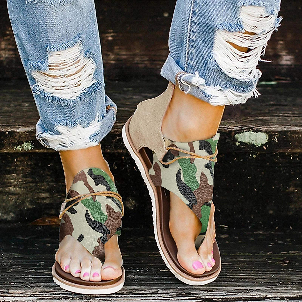 Sandals for Women Dressy Summer Women's Ladies Casual Camouflage Flip Flops Comfy Sandals Zipper Shoes Shoes Womens Sandals