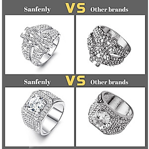 Sanfenly Iced Out Rings for Men Bling Fake Diamond Costume Pinky Rings Chunky Silver 80s 90s Hip Hop Rings Star Cuban Chain Square US Dollar Sign Cool Rapper Ring Fashion Cosplay Man Jewelry Ring Set