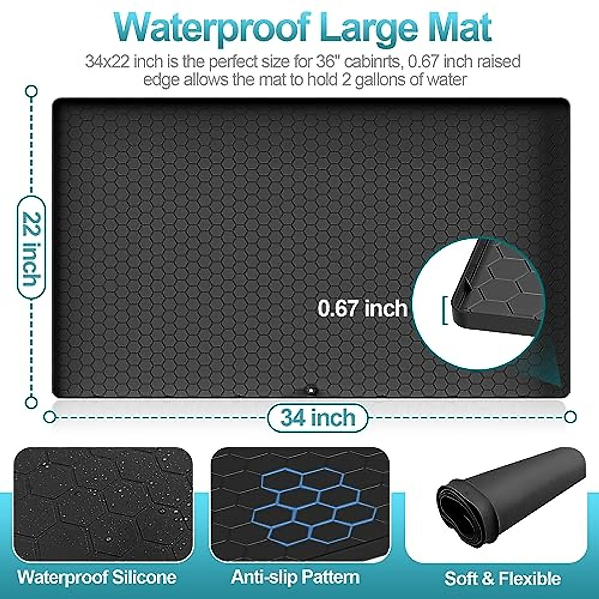 UEAKPIC Under Sink Mat 34" x 22", Waterproof Silicone Undersink Mat for Kitchen, Bathroom, Cabinet Protector Fits 36" Standard Cabinets, Under Sink Tray Liner Up to 2.2 Gallons Liquid (Black)