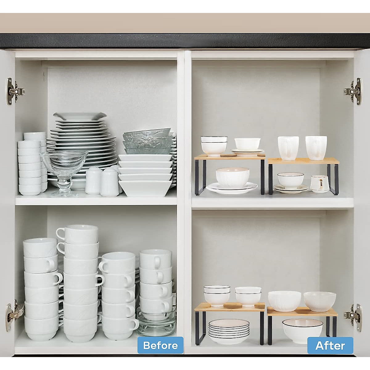 NEX Bamboo Kitchen Cabinet and Counter Shelf Organizer, Stackable & Expandable, Set of 4, Black and Natural