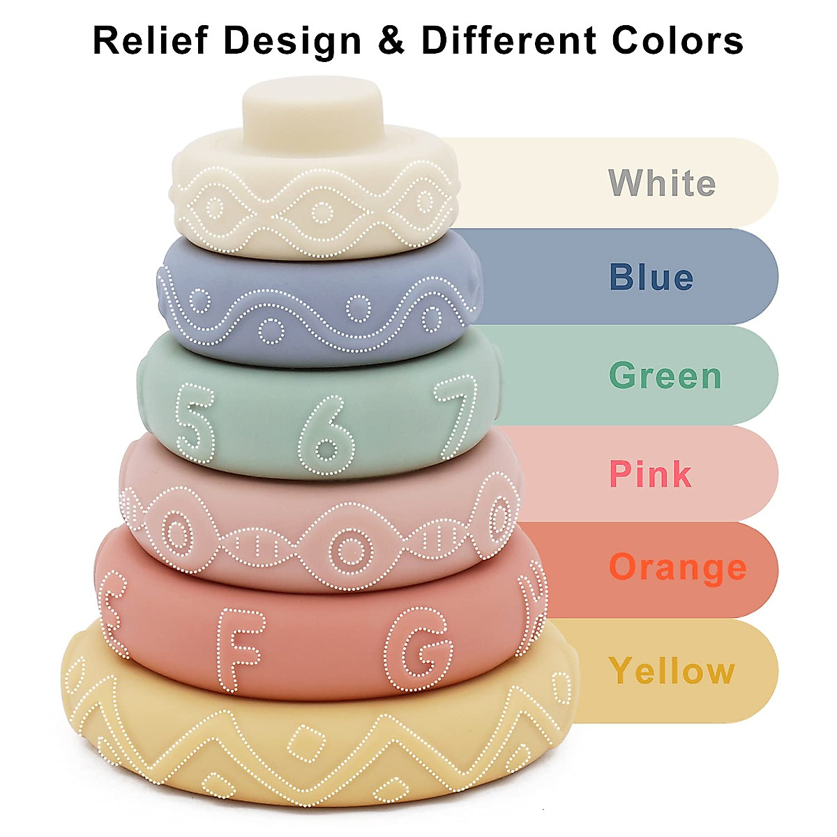 MARUMINE 6PCS Stacking Cricle Toys, Nesting & Building Rings Stacker, Soft Silicone Squeeze Teethers Play Set, Early Educational Learning Stacking Tower for 6+ Months Baby Boys Girls