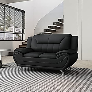 Container Furniture Direct Michael Modern Faux Leather Upholstered Stainless Steel Legs Living Room Loveseat, Midnight Black