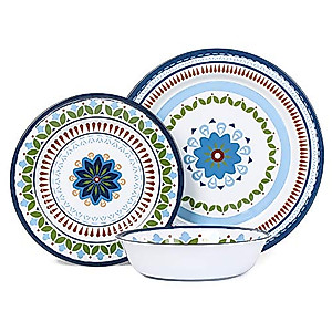 Melamine Dinnerware Set-12 Piece Melamine Plates and Bowls Sets,Service for 4,Outdoor and Indoor Use,Unbreakable, Dishwasher Safe,Rustic Blue