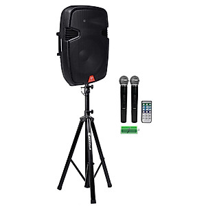 Rockville RAM15BT 15" Rechargable Powered 800W PA Speaker+2 Mics+Bluetooth+Stand