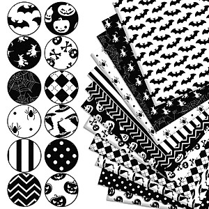 Whaline 12Pcs Halloween Cotton Fabric Bundles 18 x 22 Inch Spider Pumpkin Bat Witch Plaid Stripe Dot Fat Quarters White Black Quilting Patchwork Squares Sewing Fabrics for DIY Craft Party Decor