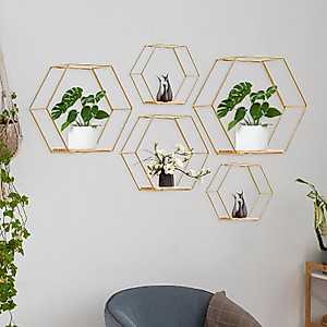 MYCENSE 5Pcs Hexagon Iron Wall Shelves Floating Shelf, Bathroom Wall Decoration Organizer, Storage Rack for Books Artworks Display, Golden