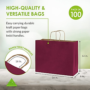 Pink Gift Bags with Handles - 16x6x12 Inch 100 Pack Large Fuchsia Kraft Paper Shopping Bags with Handles for Small Business, Retail & Boutique Use, Merchandise, Birthday & Holiday Gift Wrap, in Bulk