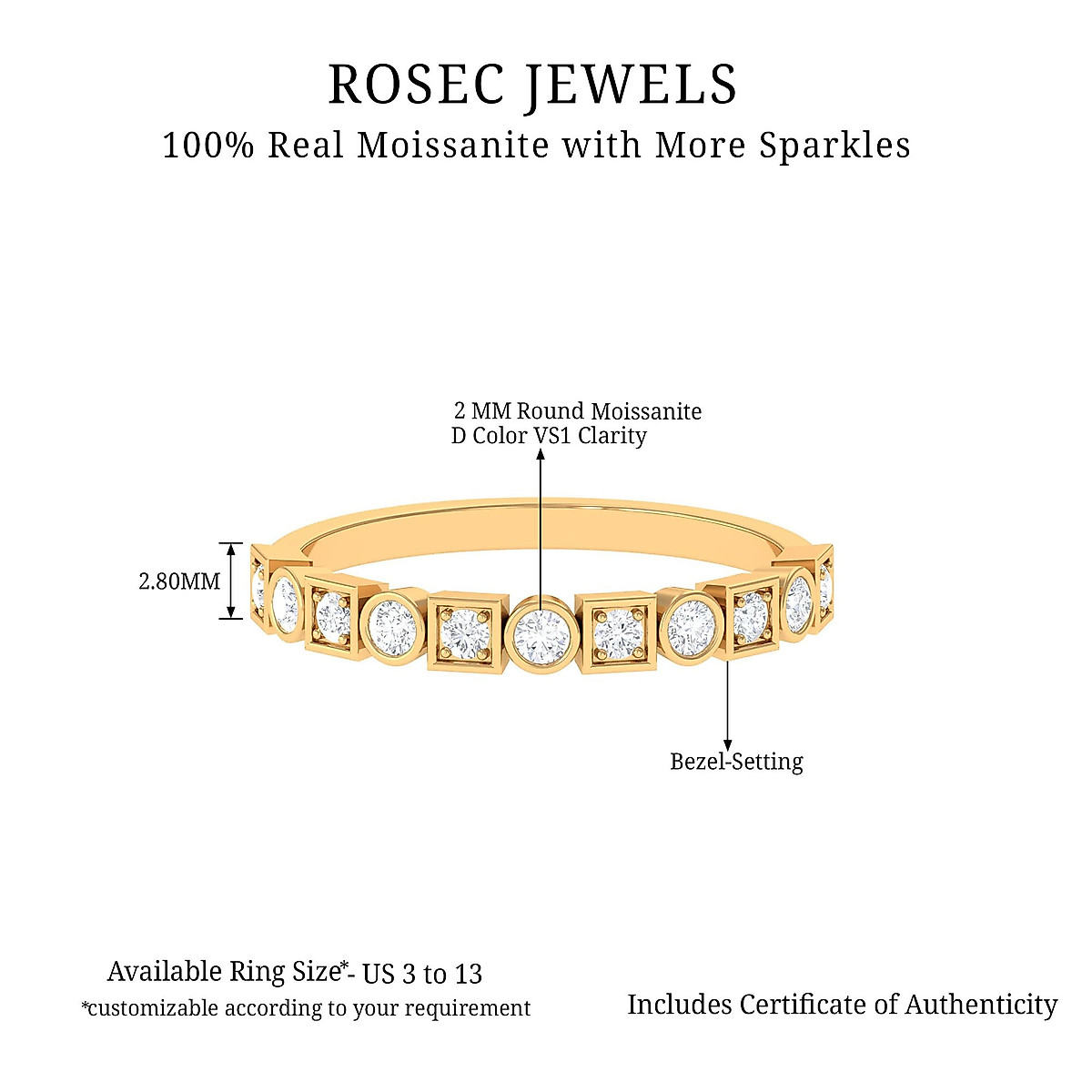 Rosec Jewels Certified Moissanite Eternity Anniversary Band Ring for Women, D Color Vs1 Clarity, 14K Yellow Gold, Size:US 7.00