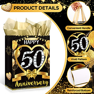 Black Gold Happy 50th Anniversary Paper Gift Bag with Tissue Papers and Card, Gold 50th Anniversary Party Gift Wrapping Bag for 50th Anniversary Golden Wedding Anniversary Decorations Christmas Gift