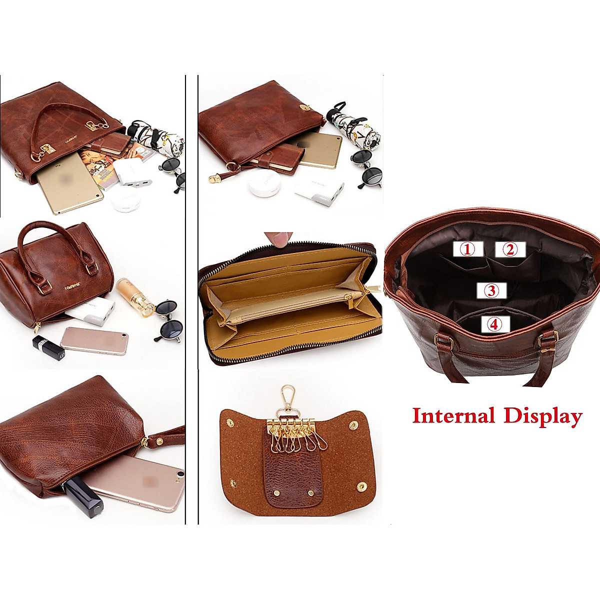 AlwaySky Women 6PCS Handbag and Purse Set Hobo Tote Satchels Shoulder Bag Clutch Wallet Brown